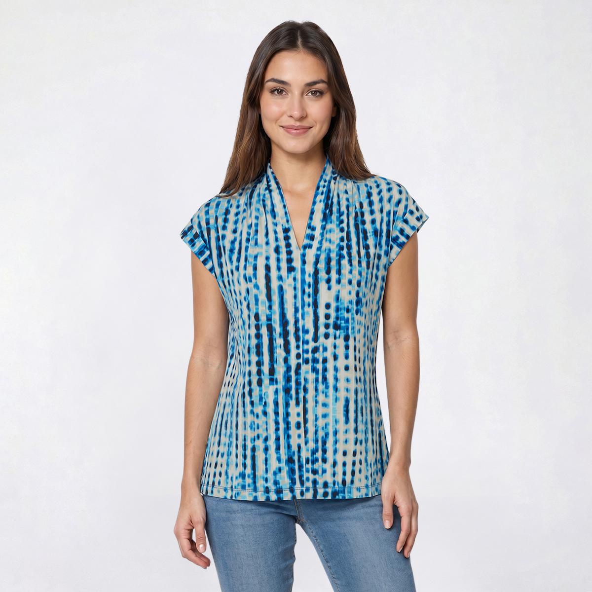Click here for Womens Kasper Cap Sleeve V Neck Abstract Blouse prices
